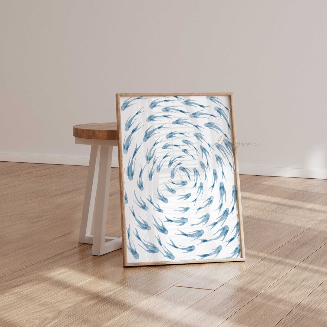 Abstract Blue Fish Drawing, Minimal Circle Ocean Sketch, Printable Wall ...