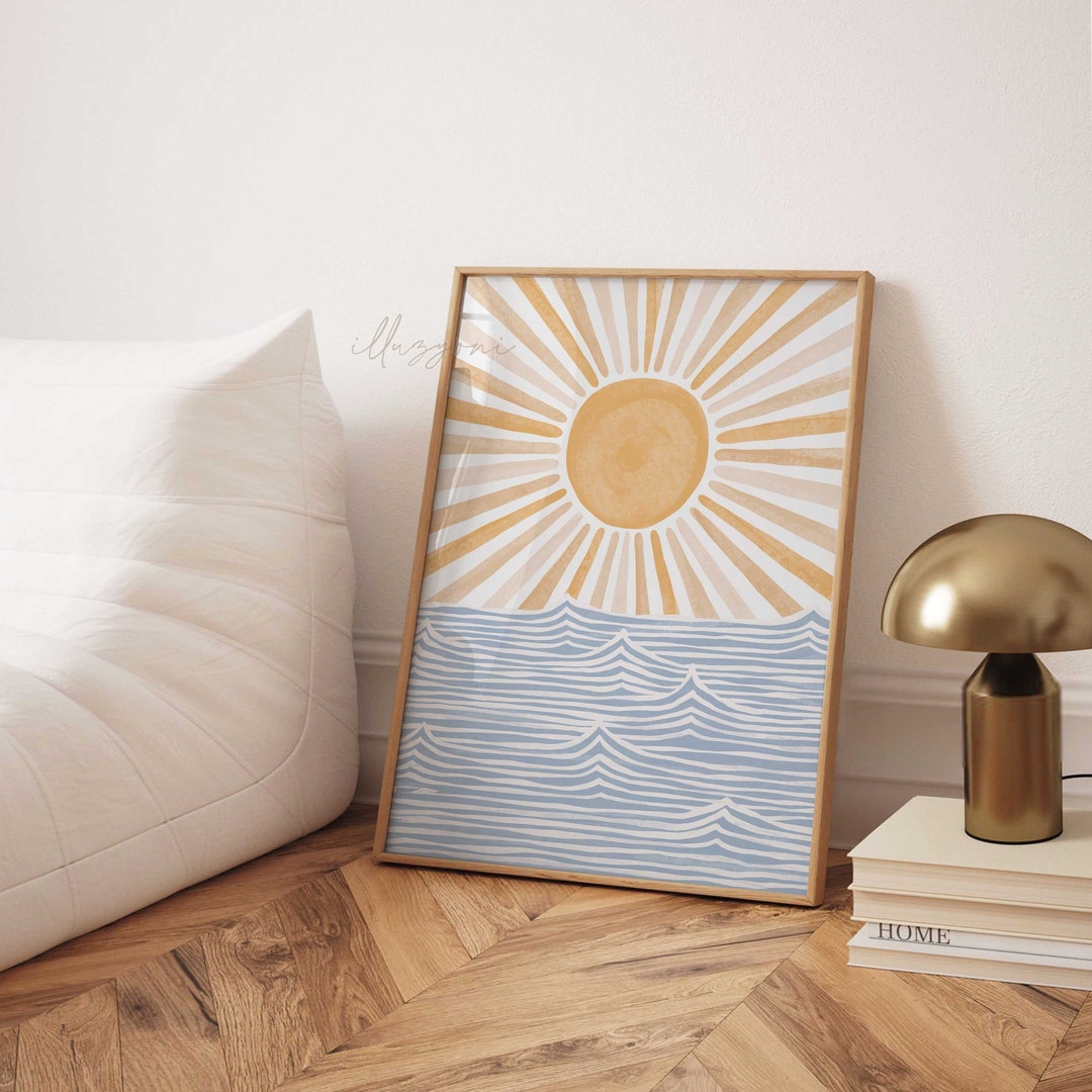 Boho Landscape Poster, Printable Wall Art, Ocean Waves Poster, Sunburst ...