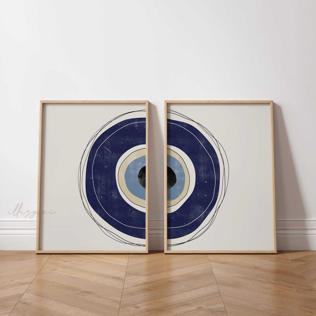 Abstract Evil Eye Wall Drawing, Traditional Blue Nazar Print, Printable ...