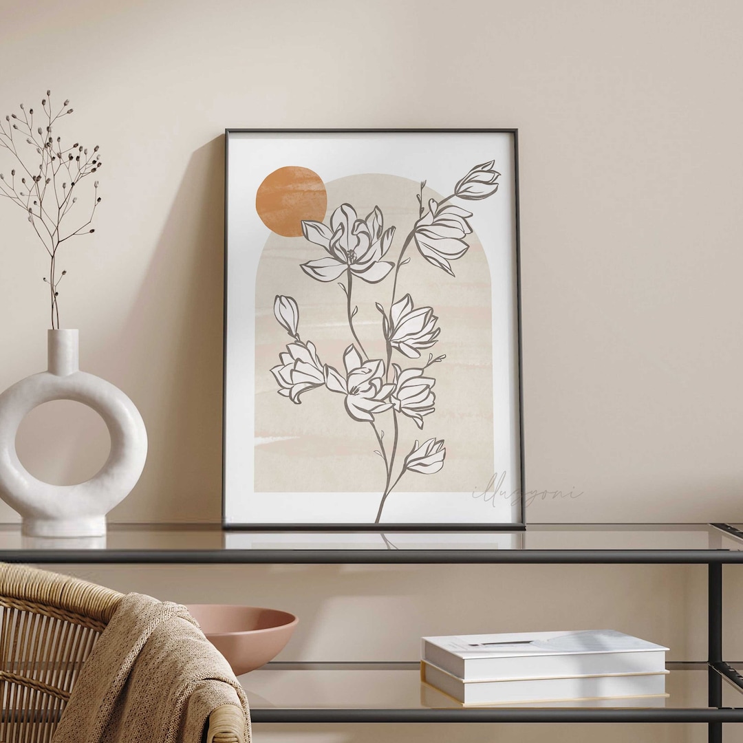 Boho Flower Drawing Poster, Printable Wall Art, Modern Rose Sketch ...