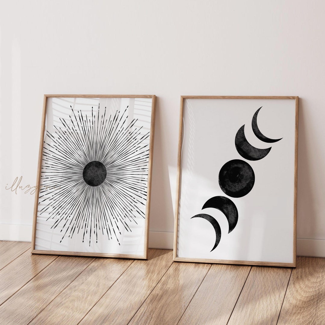 Abstract Sun and Moon, Boho Wall Art, Mid Century, Modern Set of 2 ...