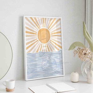 Boho Landscape Poster, Printable Wall Art, Ocean Waves Poster, Sunburst ...