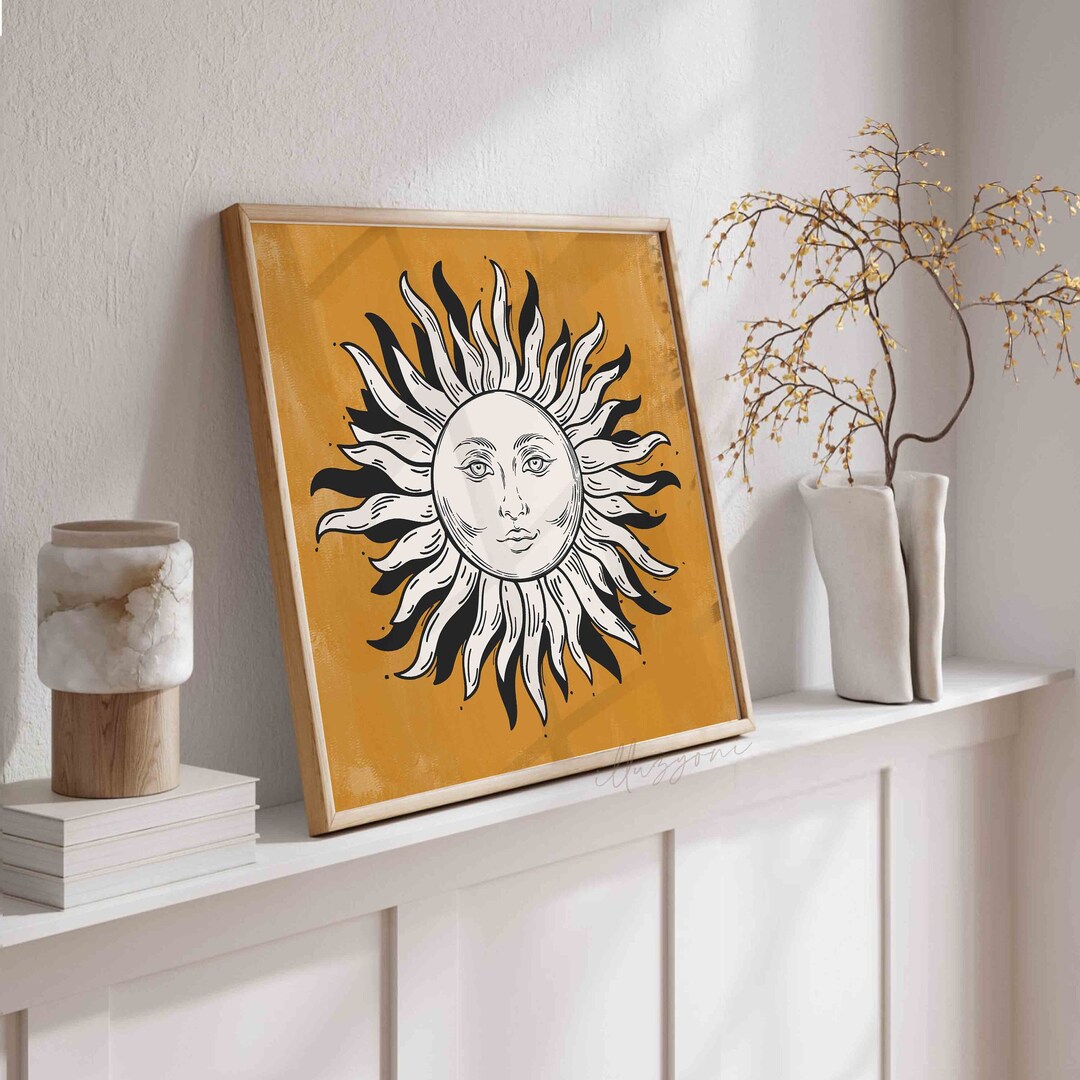 Vintage Boho Sun Print, Printable Wall Art, Mid Century Print, One Line ...