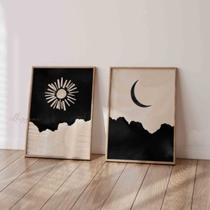 Boho Set of 2 Prints, Abstract Sun and Moon Phases, Mid Century Poster ...