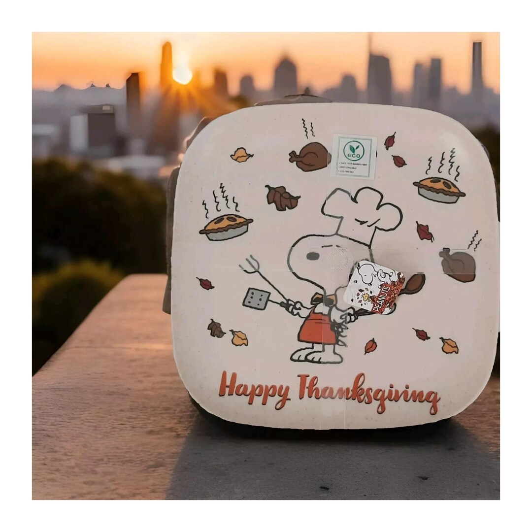 Peanuts SNOOPY 12 PC SET Square Bamboo Dinner Plates Happy Thanksgiving ...