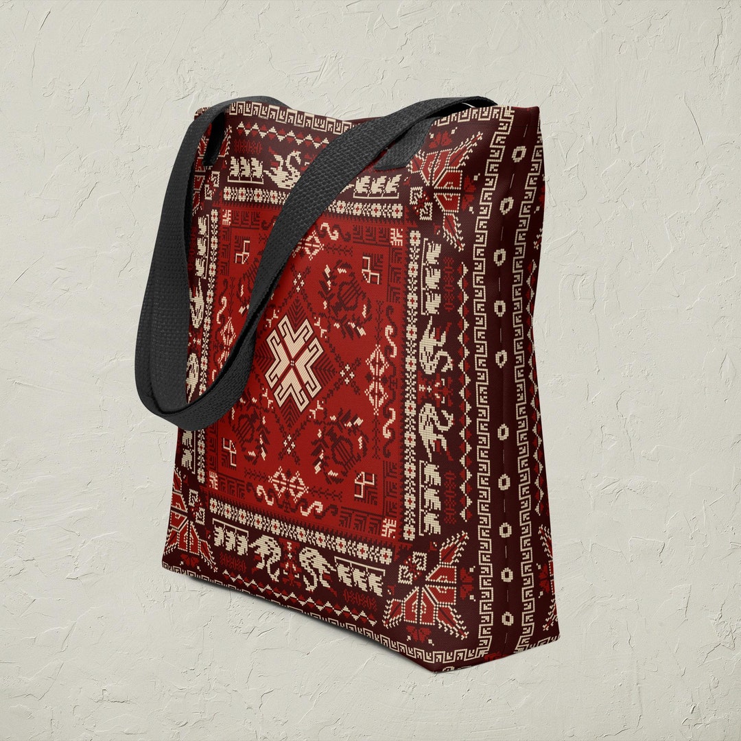 Traditional Palestinian Tatreez All Over Print Tote Bag Red Black Beige ...