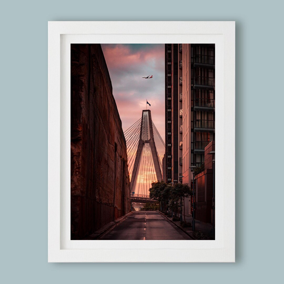 Anzac Bridge Sunset Print | Sydney Urban Landscape Wall Art With Plane ...