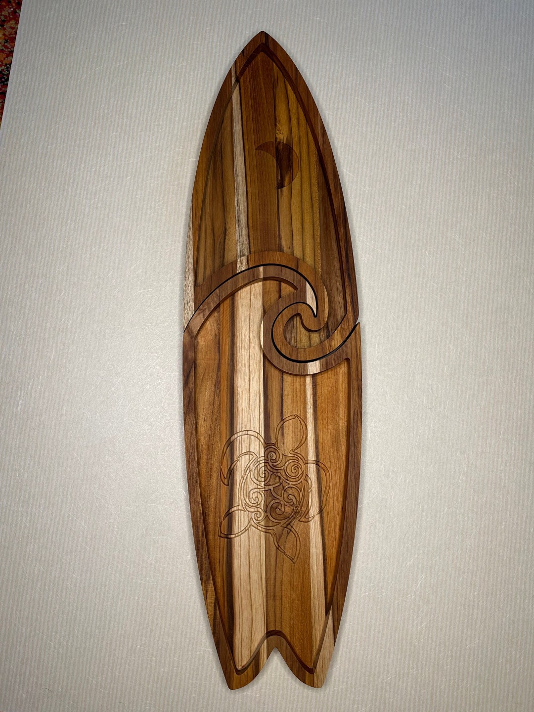 Surfboard Charcuterie Serving Tray Turtle and Wave Wave, Teak Wood 30 ...