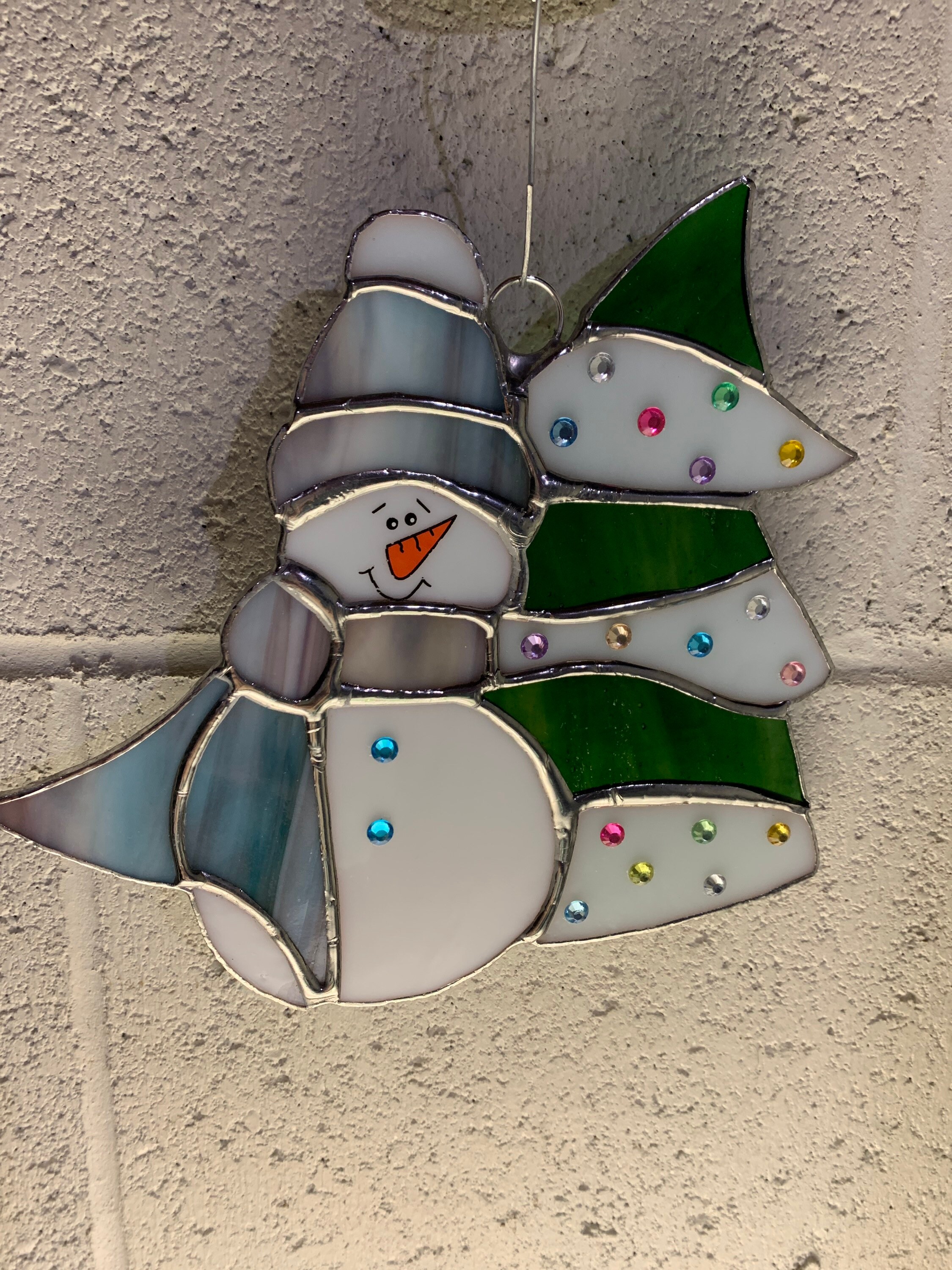 Stained Glass Snowman With Tree Etsy