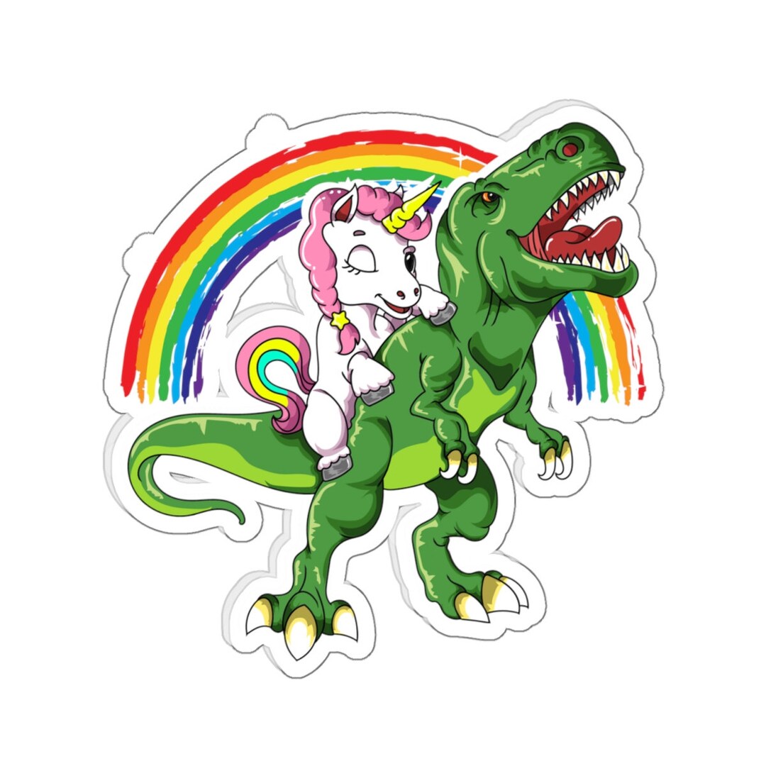 Unicorn Riding T-rex Sticker, Cute Duo With Bright Rainbow, Durable ...