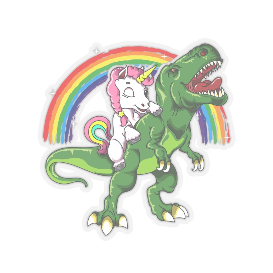 Unicorn Riding T-rex Sticker, Cute Duo With Bright Rainbow, Durable ...