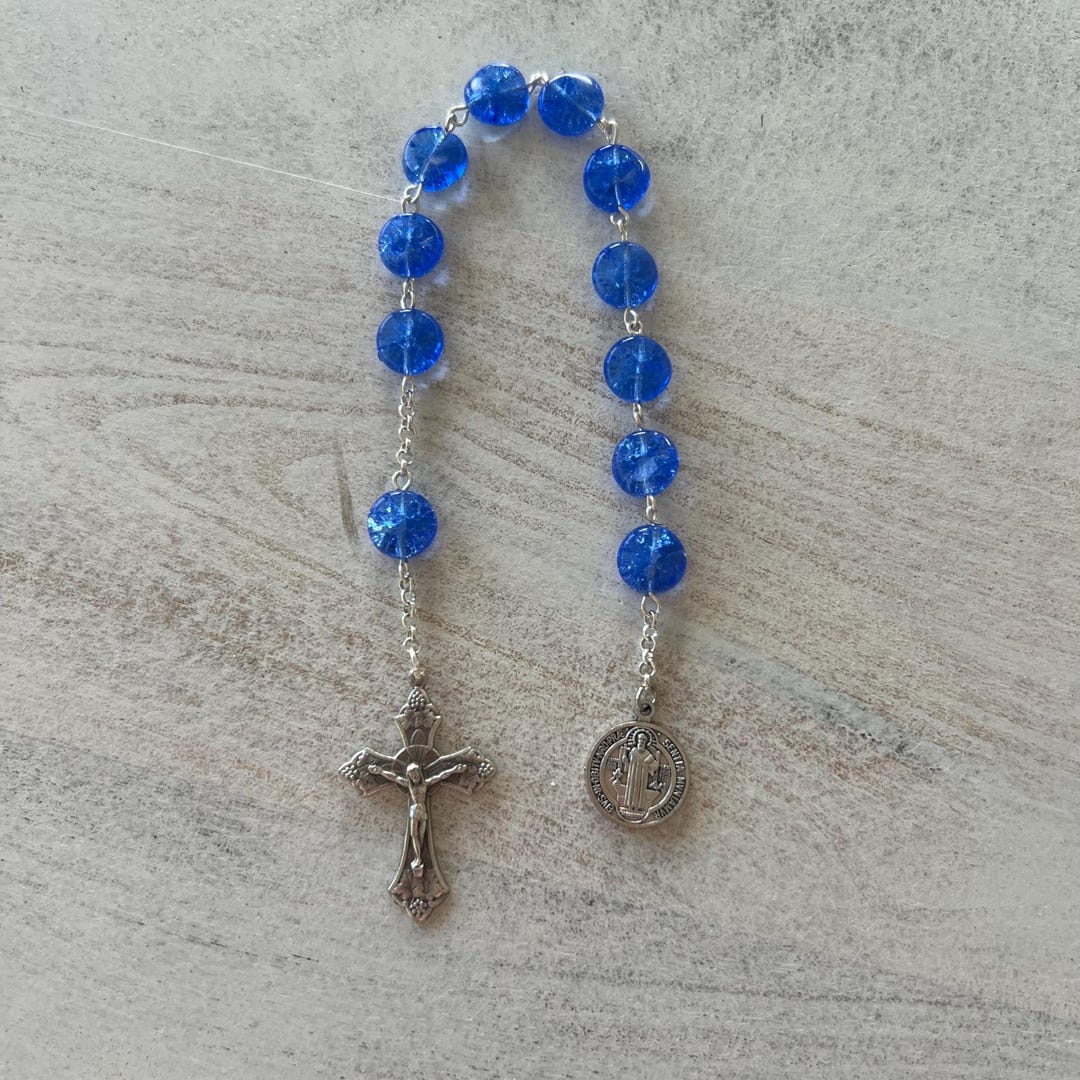 Pocket Rosary-blue Twisted Crackle Glass Beads-silver Tone St Benedict ...