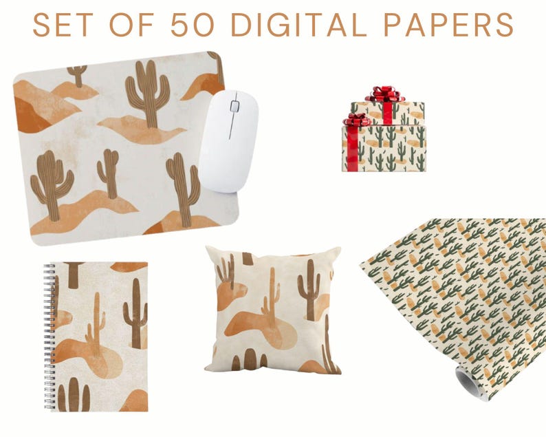 50 Digital Desert Cactus Paper Pack | 12x12" 300 DPI | Boho Cactus ...