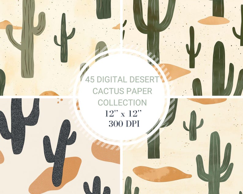 50 Digital Desert Cactus Paper Pack | 12x12" 300 DPI | Boho Cactus ...