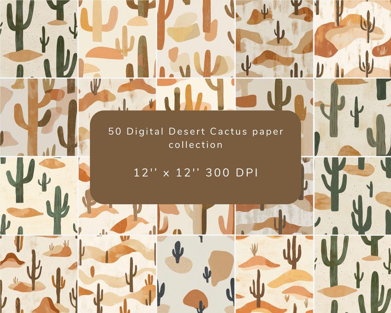 50 Digital Desert Cactus Paper Pack | 12x12" 300 DPI | Boho Cactus ...