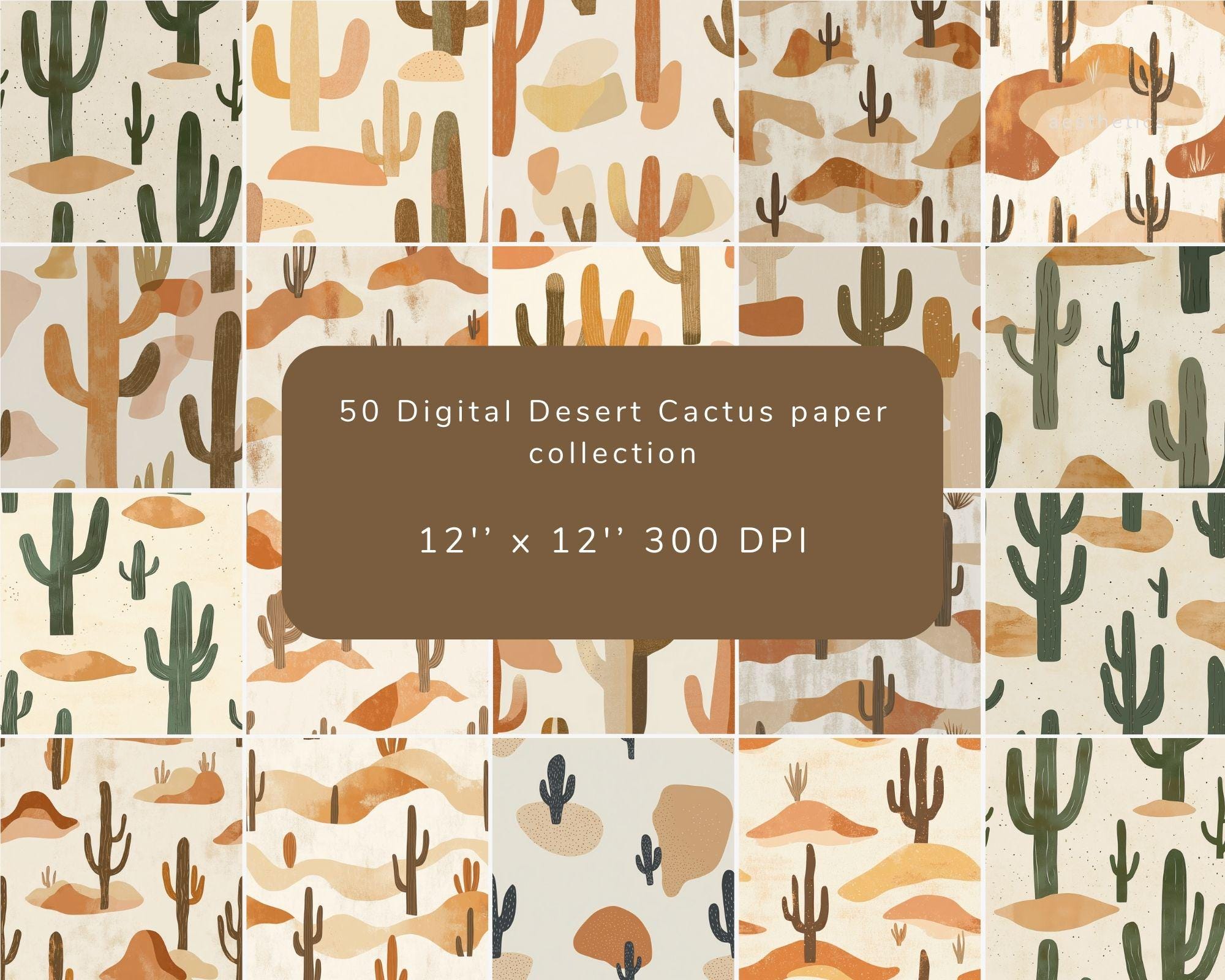 50 Digital Desert Cactus Paper Pack | 12x12" 300 DPI | Boho Cactus ...