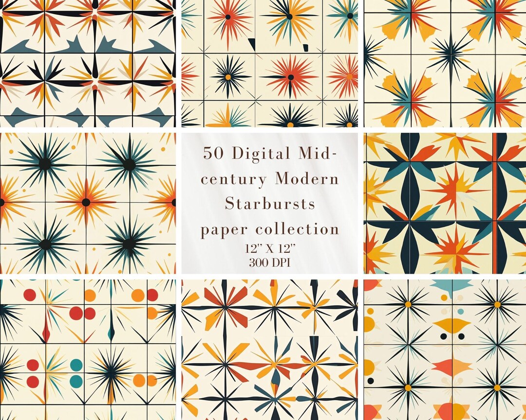 50 Digital Mid-century Modern Starbursts Paper Pack | 12x12" 300 DPI ...