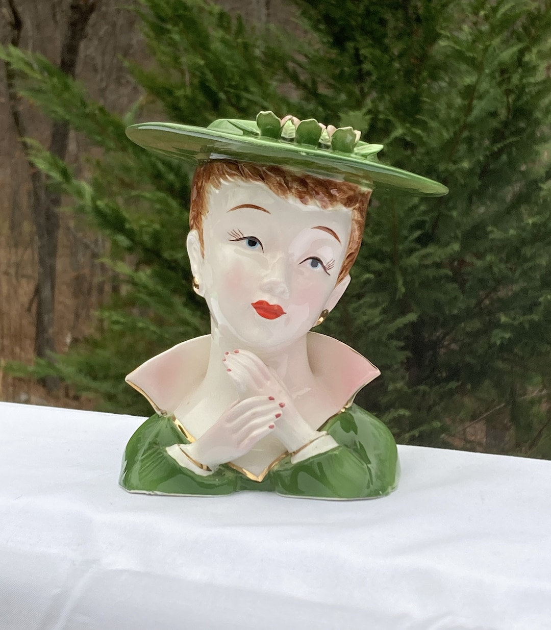 5" Vintage LEFTON 70565 Green Lady Head Vase - Etsy