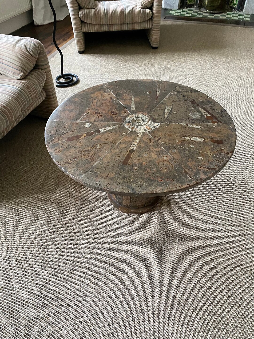 Circular Fossil Stone Coffee Table With Inlaid Ammonites, Mid Century C ...
