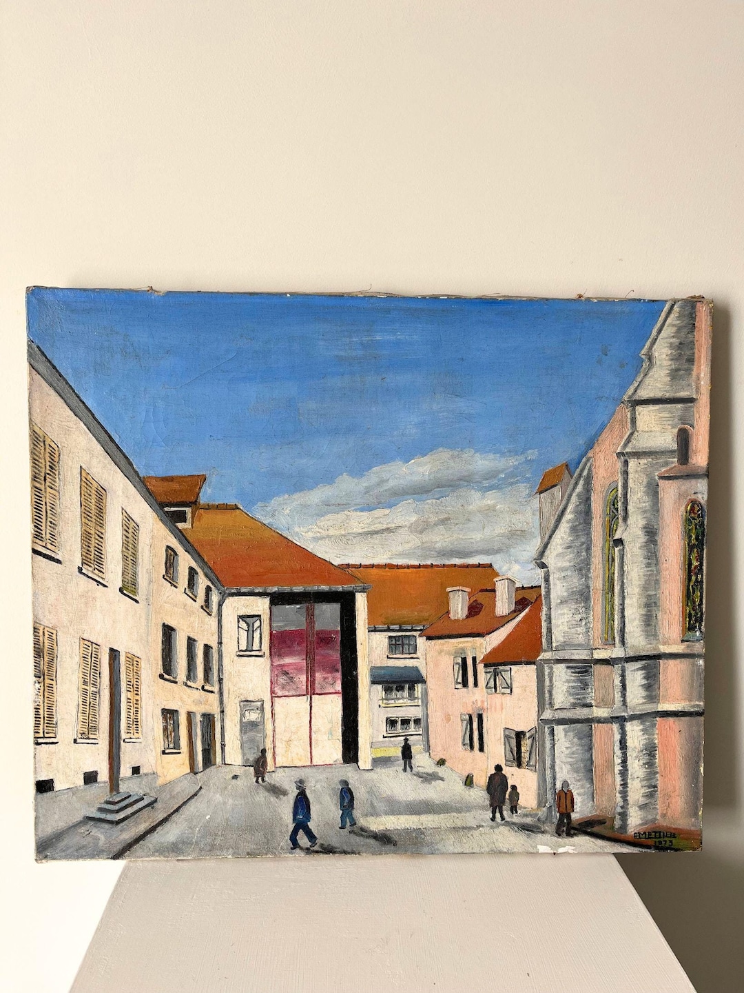 Naive Mid Century Town Square Painting in Oil on Canvas, Vintage ...