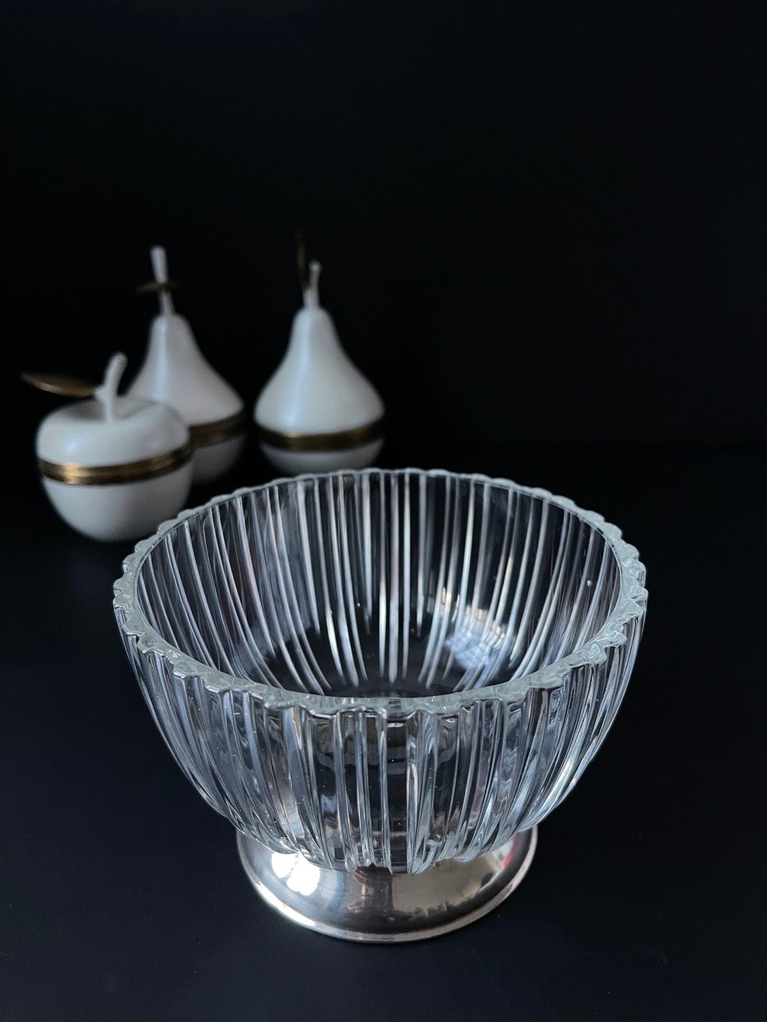 Vintage Clear Glass Bowl, Metal Foot Dish, Stylish Geometric Glass Bowl ...