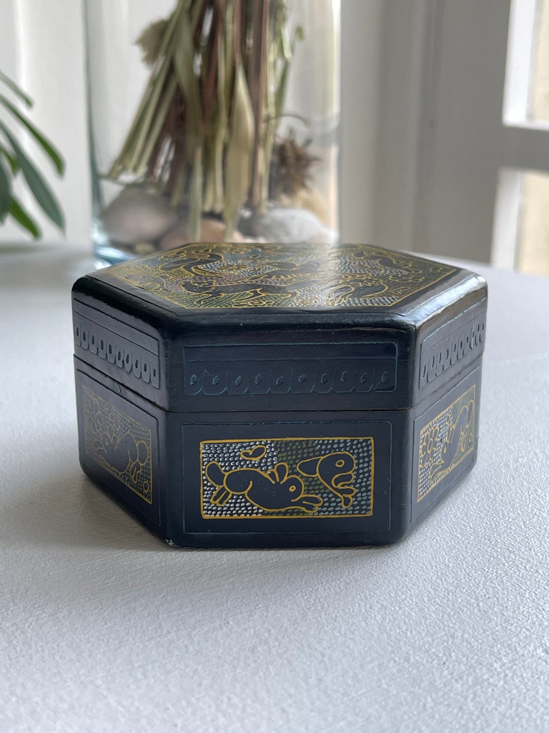 Decorated Carved Hexagon Shape Wood Box. Hand Designed in Mexico ...