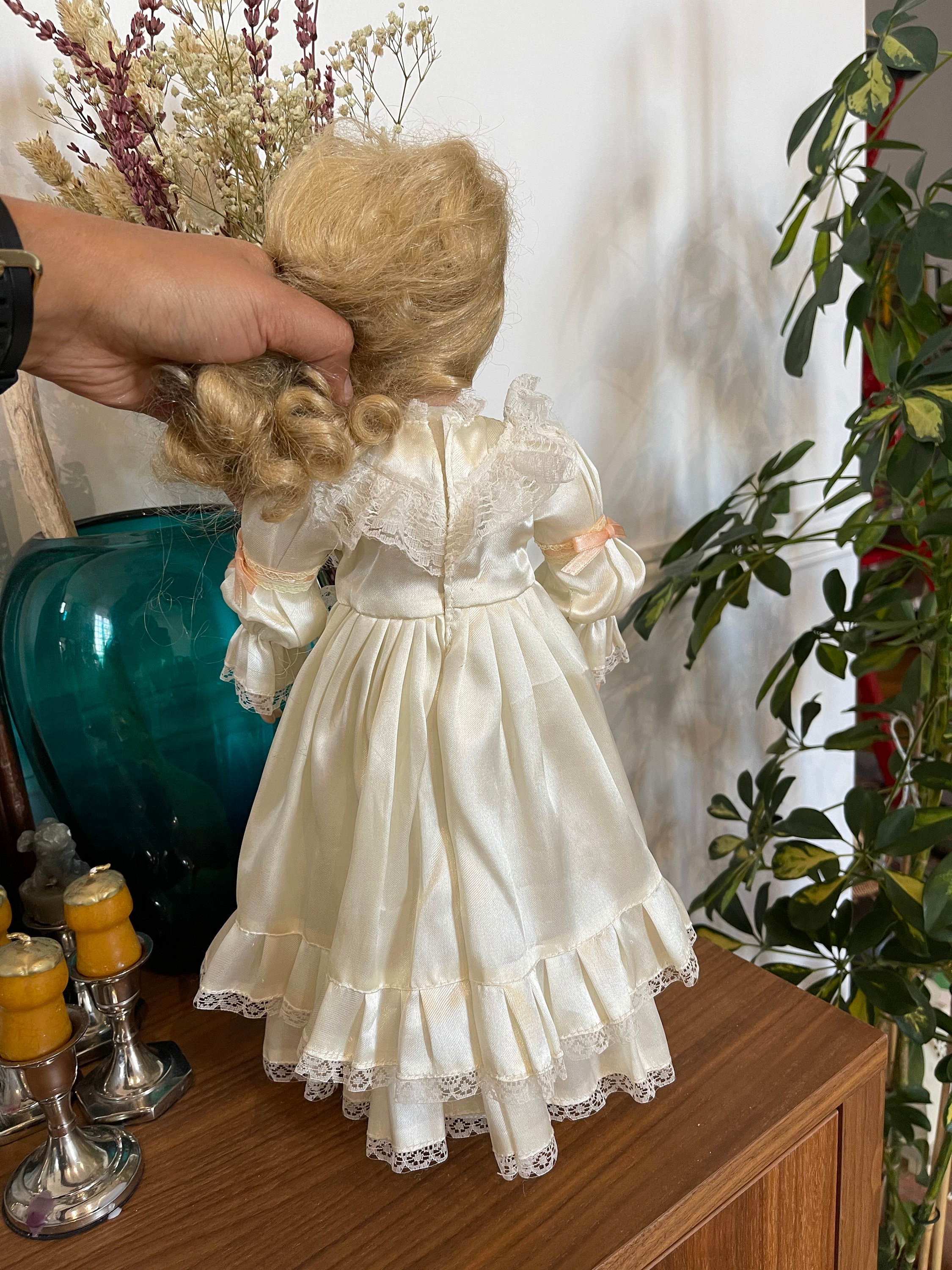 Vintage French Porcelain Doll, Laced Ribbon Gown, 16.5