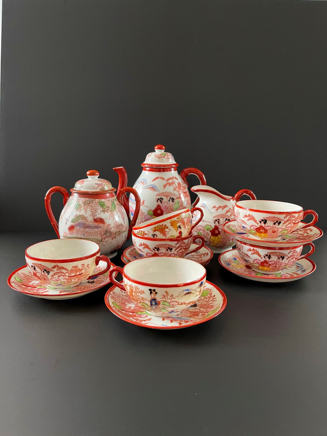 Ornamental Vintage Porcelain Kutani Tea Set. Folk Japanese | Etsy