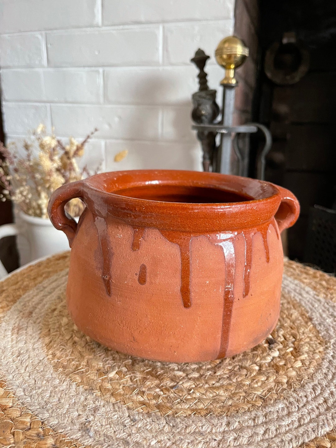 French Vintage Enamel Clay Pot. Old Confit Jar. Ceramic Glazed Storage ...