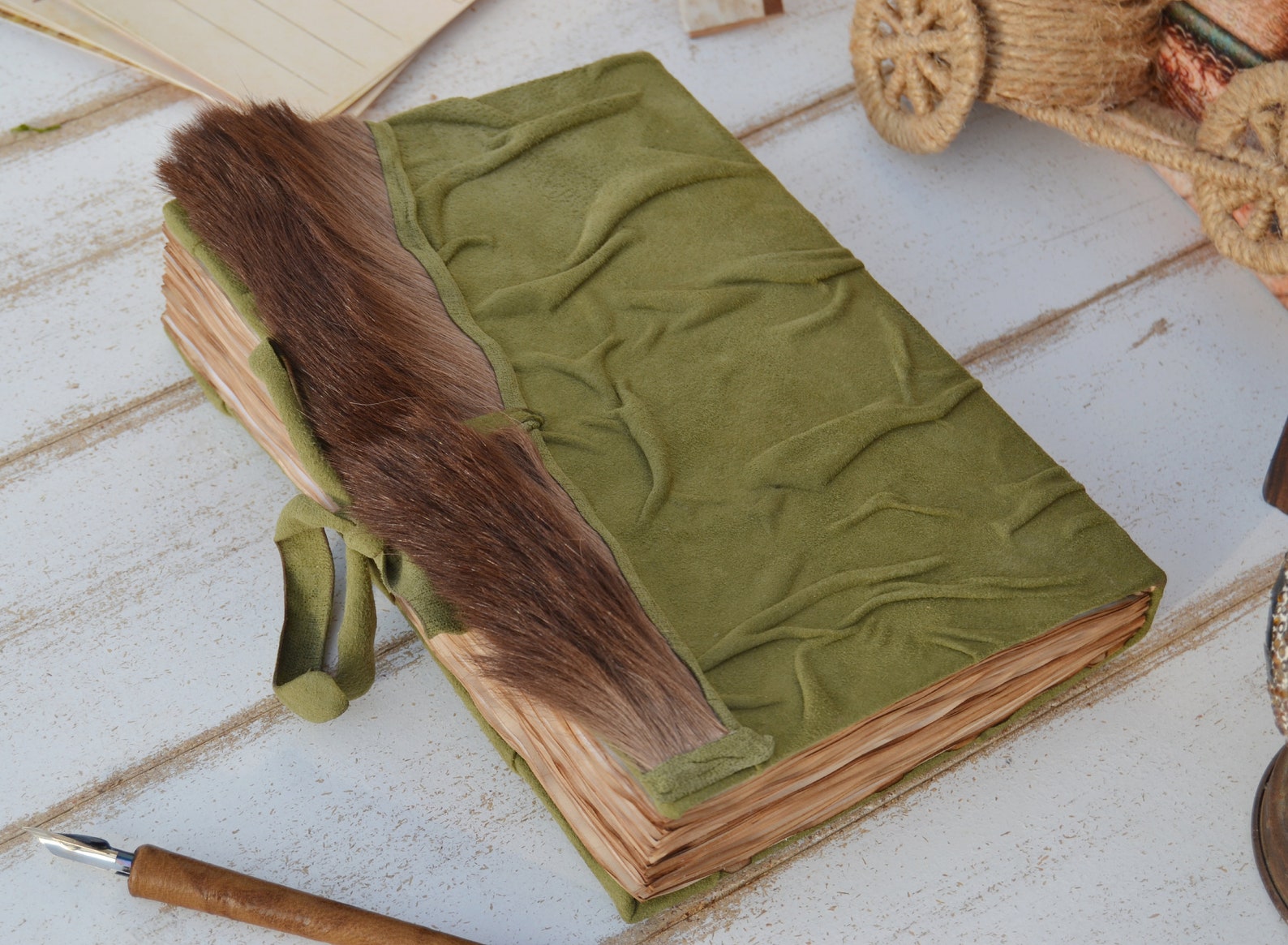 Green Vintage Style Genuine Leather Tie Journal Handmade Fur - Etsy
