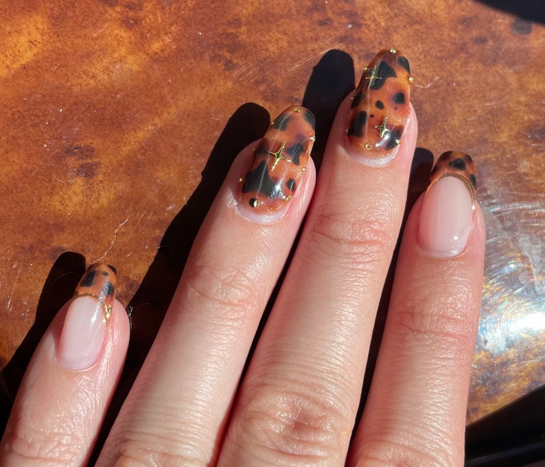 Fall Tortie Nails || Tortoiseshell Inspired Gold Chrome Gel Press on ...