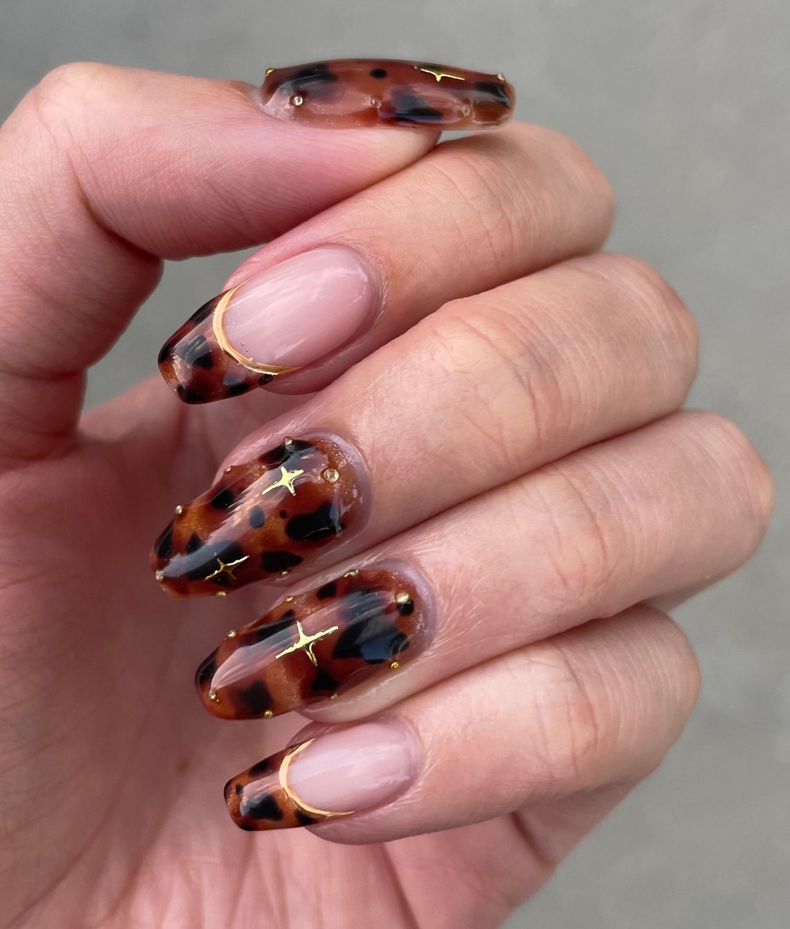 Fall Tortie Nails Tortoiseshell Inspired Gold Chrome Gel Press on Nails ...