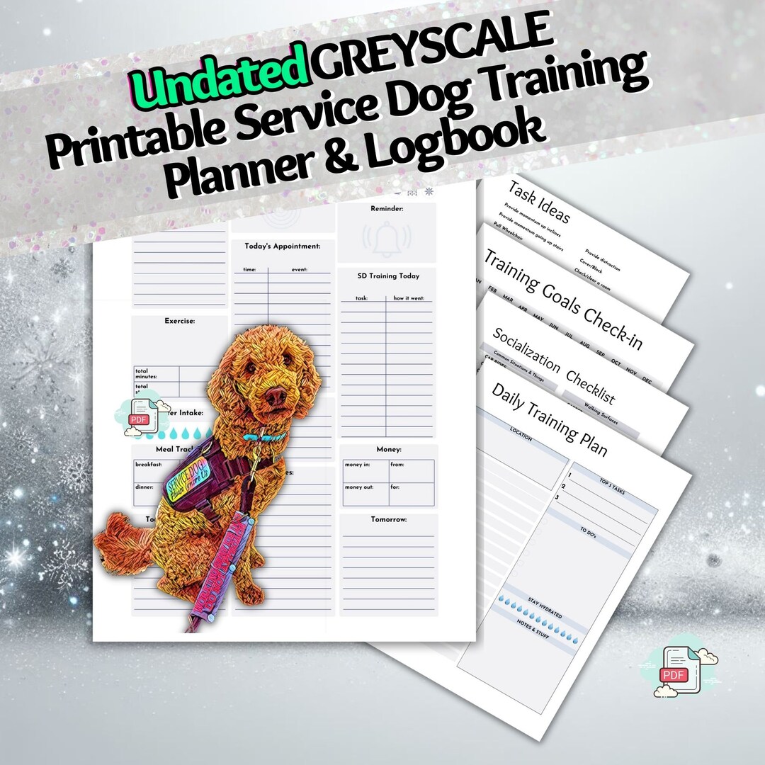 Undated Greyscale Printable Service Dog Training Planner for Owner ...