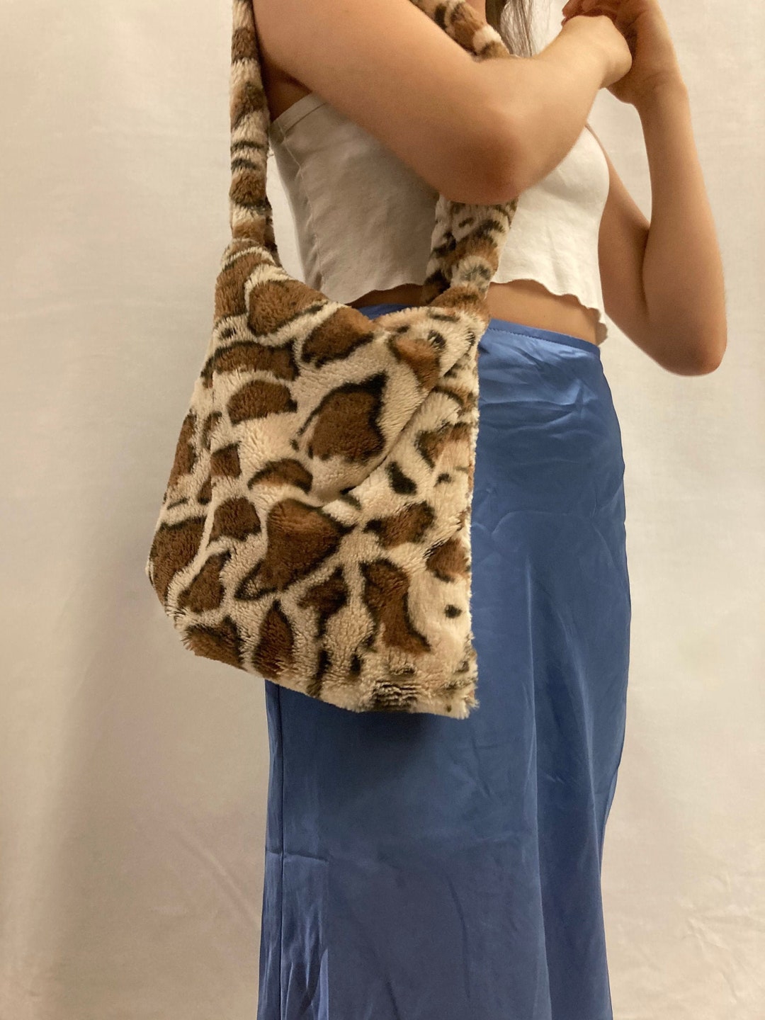 Medium Fluffy Giraffe Print Bag - Brown Animal Print Fuzzy Purse - Y2k ...