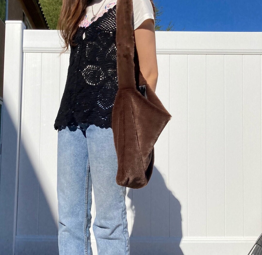 Large Fluffy Brown Bag - Brown Fuzzy Purse - Y2k Tote Bag - Brown Purse ...