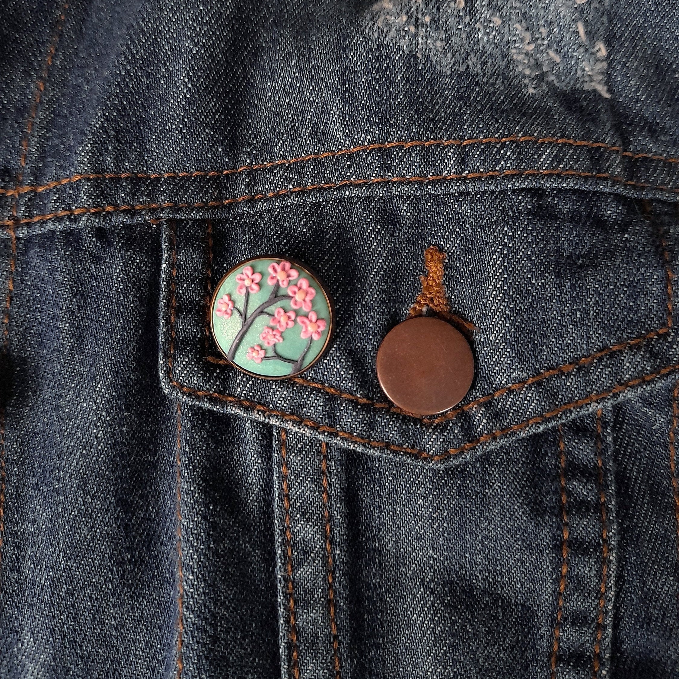 Botanical Cherry Blossom Polymer Clay Brooch, Handmade, Bronze Tone ...