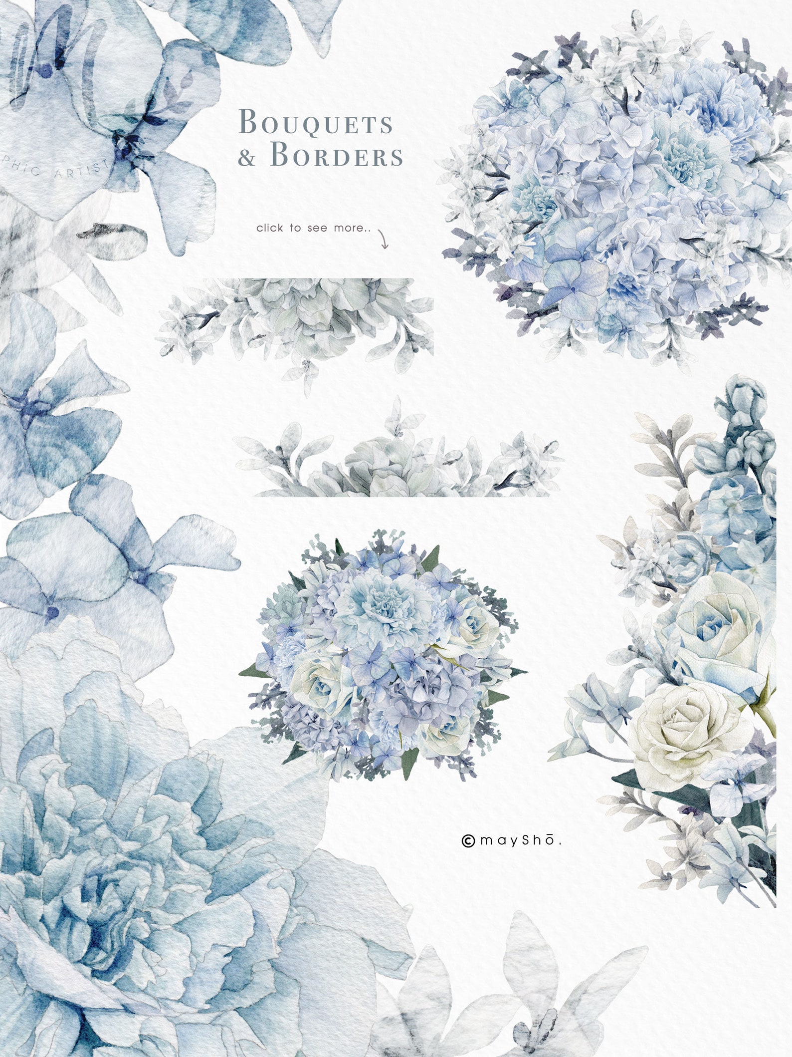 Dusty Blue Watercolor Graphics, Flower Clipart, Wedding, Invitation ...