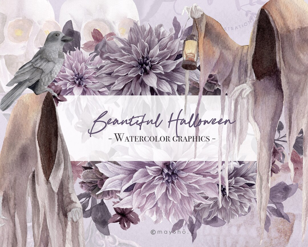 Watercolor Halloween Clipart: Floral Ghost, Skull, Raven PNG (digital ...