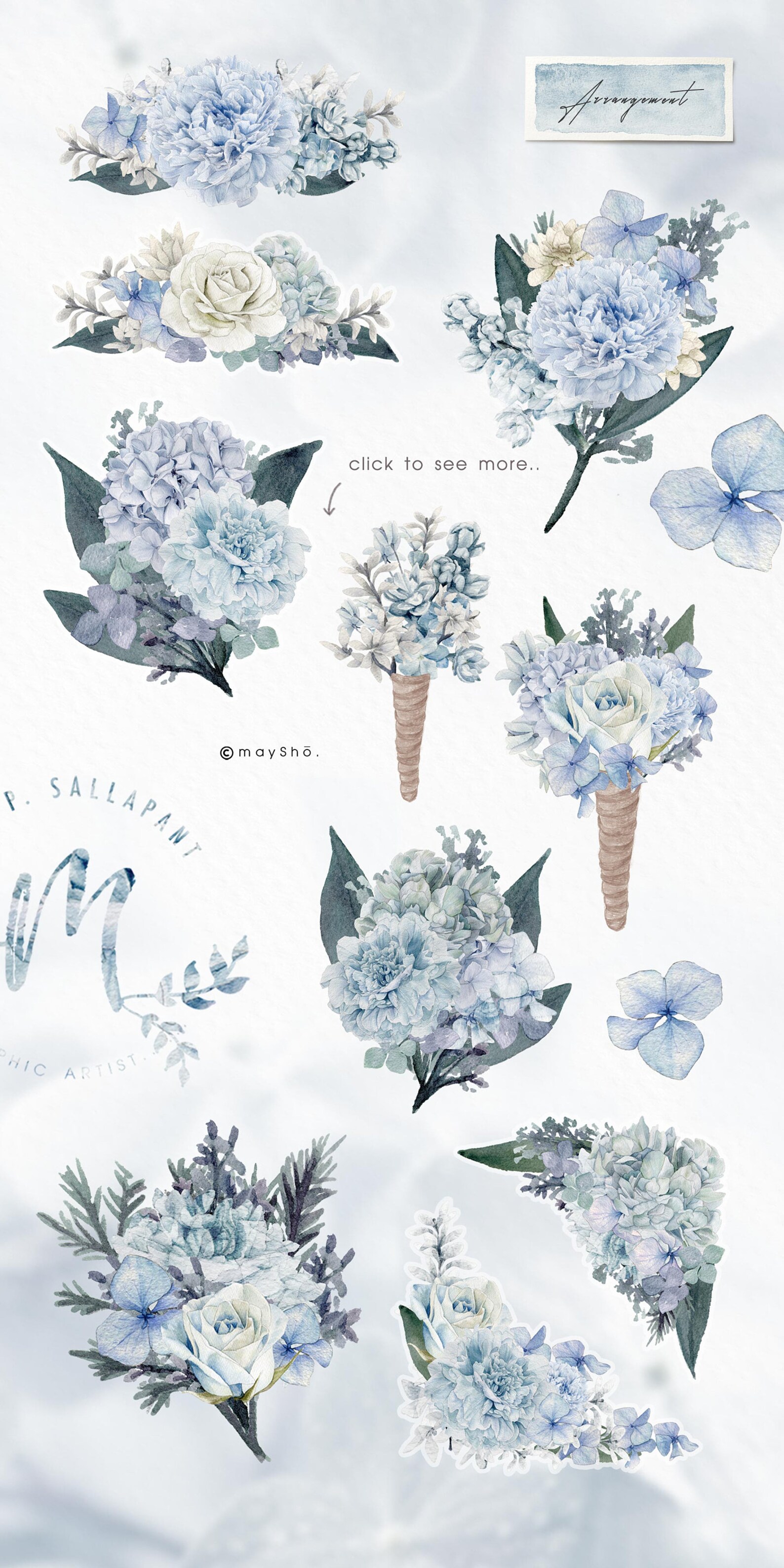 Dusty Blue Watercolor Graphics, Flower Clipart, Wedding, Invitation ...