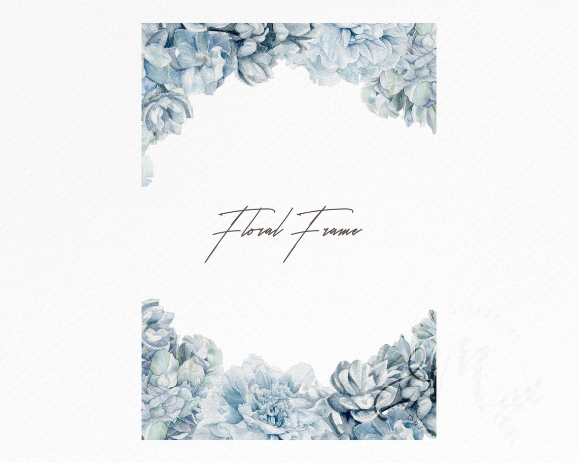 Blue Floral Frame, Watercolor Flowers Border for Wedding, Invitation ...