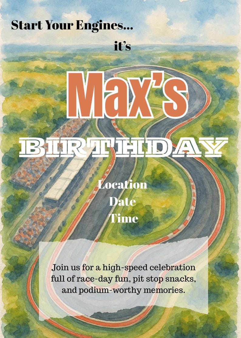 Race Track Birthday Party Invitation | Editable Grand Prix Watch Party ...
