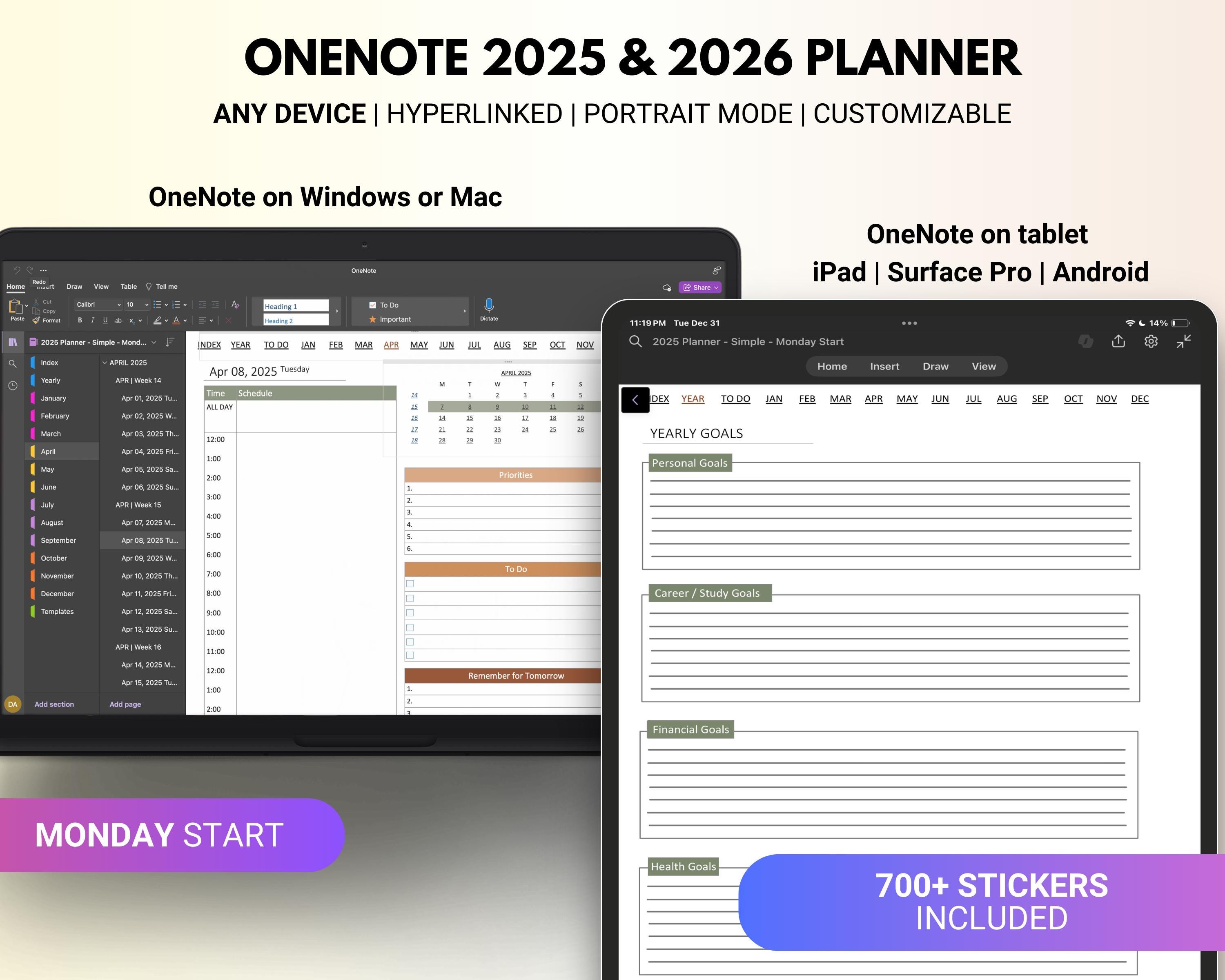 2025-2026 Onenote Digital Planner, Daily, Weekly, Monthly Hyperlinked ...