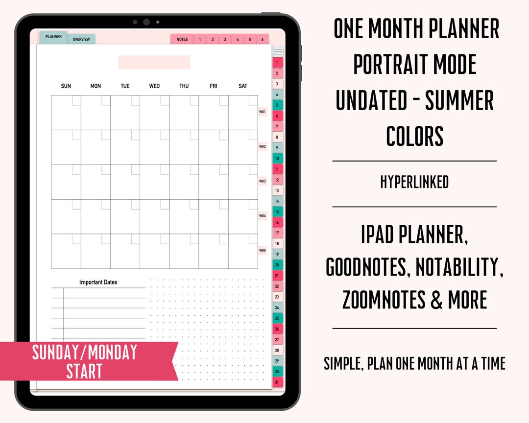 One Month Digital Planner Undated, Goodnotes Planner, iPad Planner ...