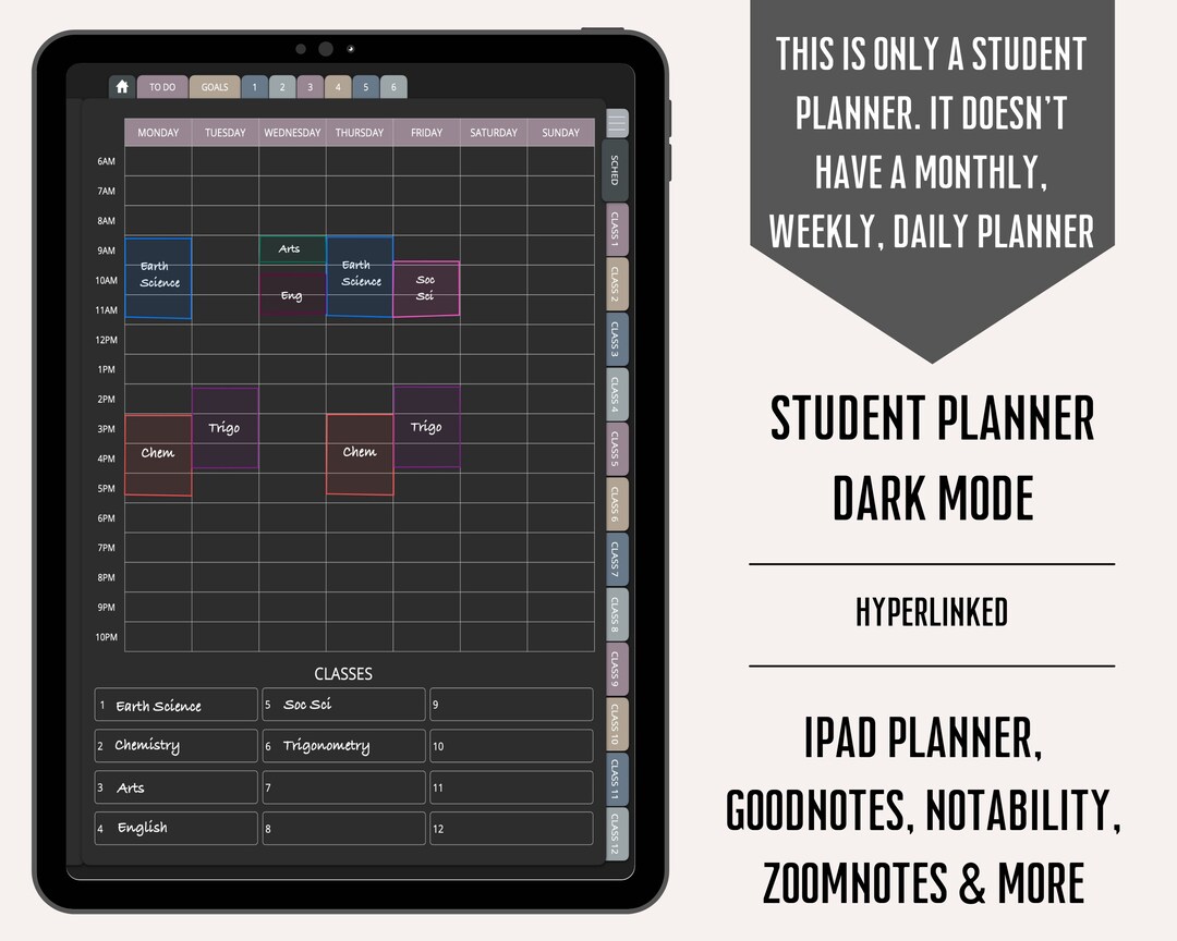 Digital Student Planner, Dark Mode College Planner, for Goodnotes ...