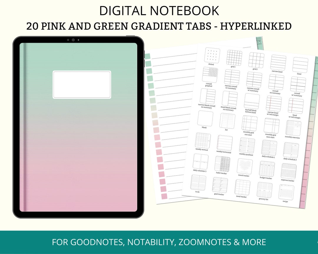 Digital Notebook Pink Green Gradient, Digital Notebook With Tabs ...