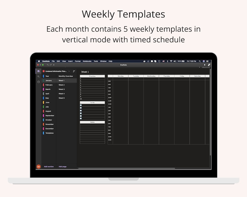 Onenote Digital Planner, Dark Mode Onenote Planner Undated, Monthly ...