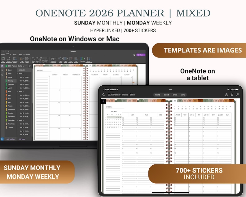2026 Onenote Planner Sunday Monthly Monday Weekly, Digital Planner Template Windows, Mac, Ipad ...