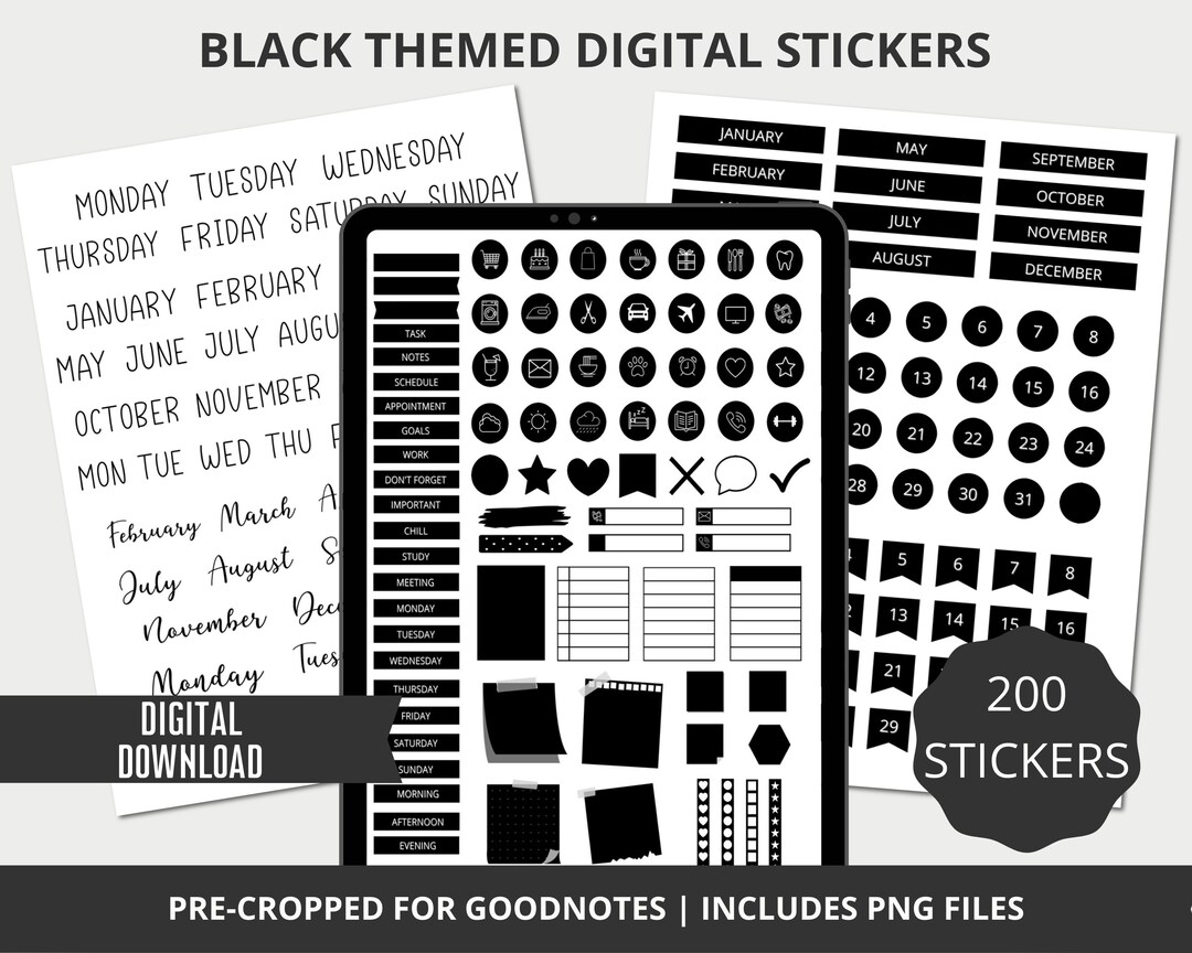 Black Digital Planner Stickers, Digital Sticker Kits, Precropped ...