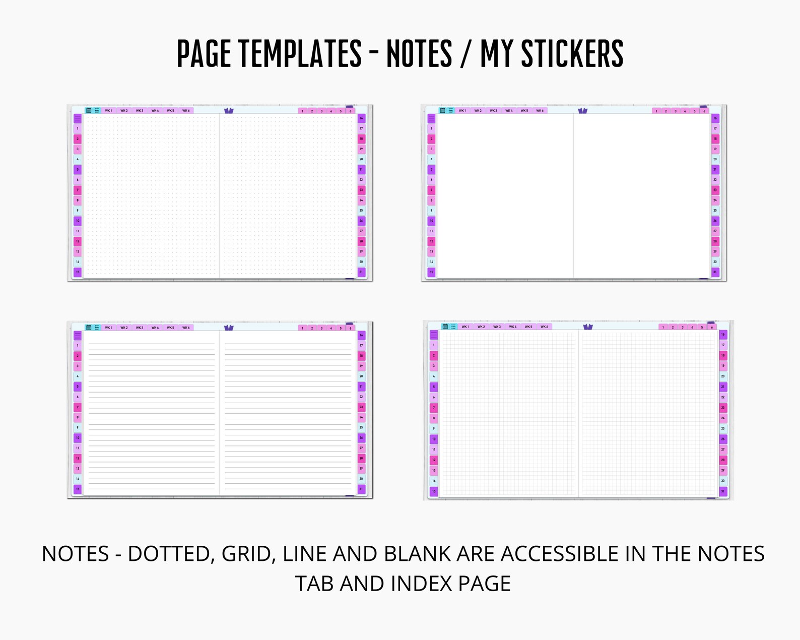 One Month Digital Planner Undated, Horizontal Digital Planner, 31 Day ...