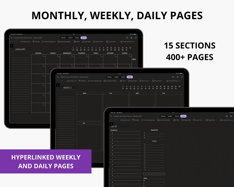 Undated Onenote Planner Onenote Digital Planner Dark Mode | Etsy